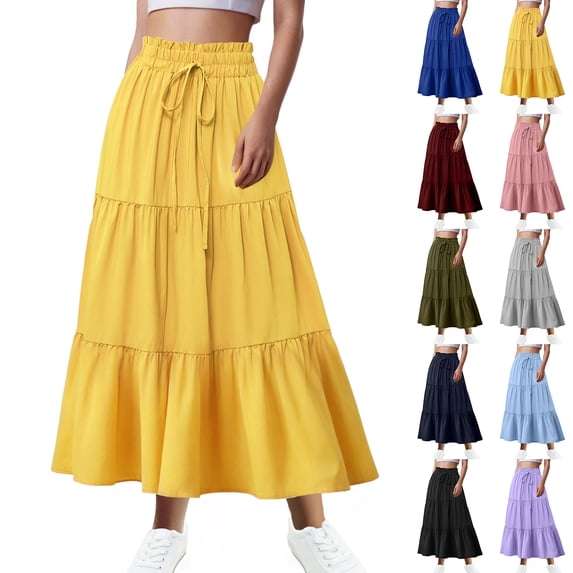 COMVALUE Womens A Line Long Midi Denim Skirt Tired Pleated Layers ...