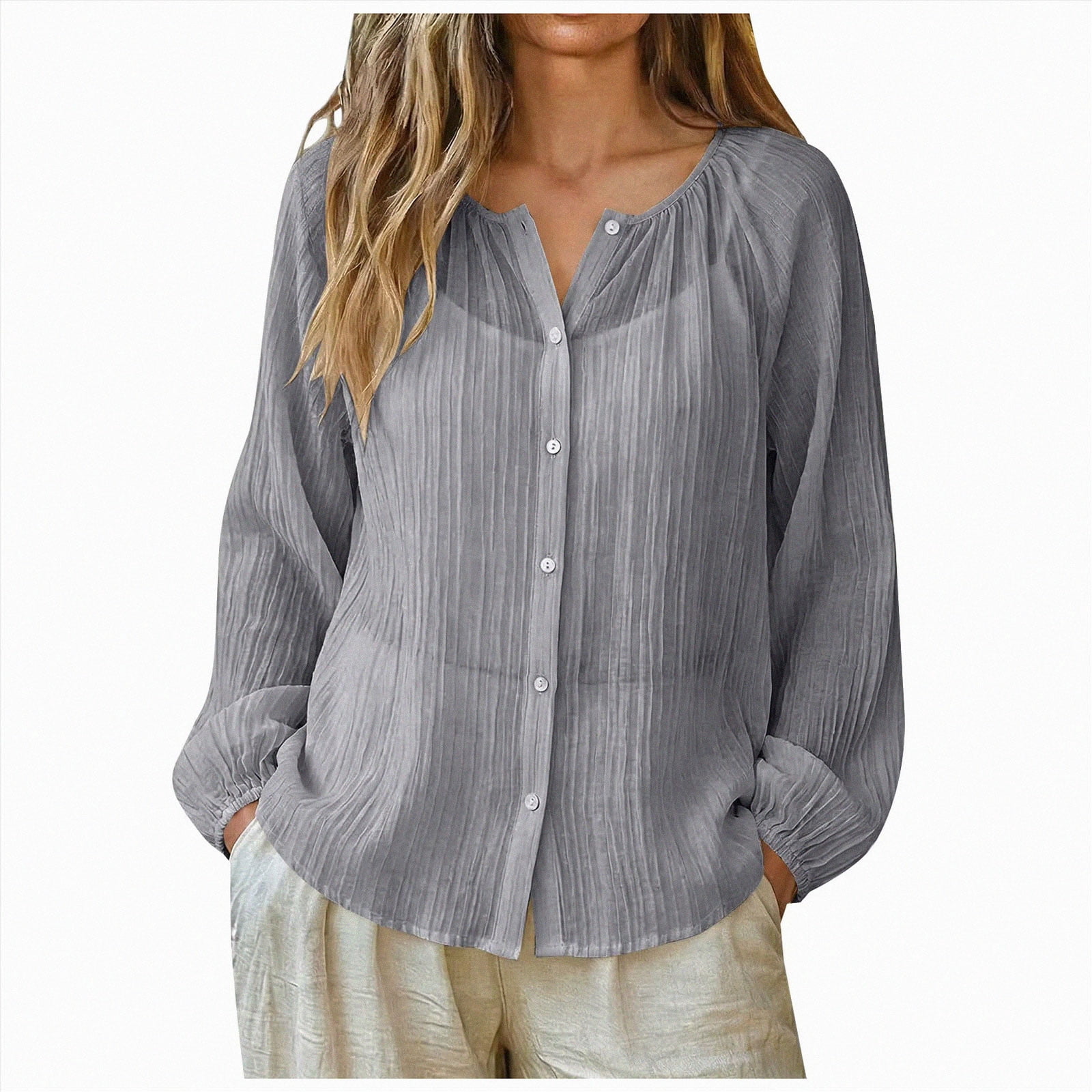 COMVALUE Womens Blouses Summer 2026 Cotton Long Puff Sleeve Button Down ...