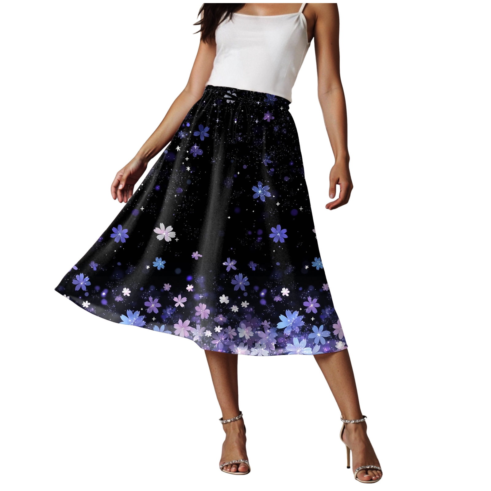 COMVALUE Womens Boho Floral Print Skirt Trendy Pleated A-Line Skirts ...