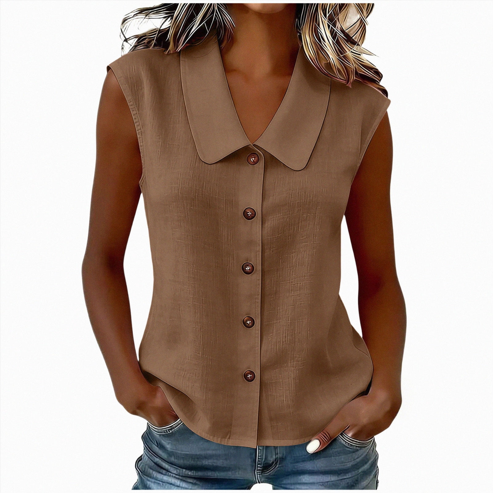 COMVALUE Womens Cotton Button Shirts Sleeveless Blouses Business Casual ...