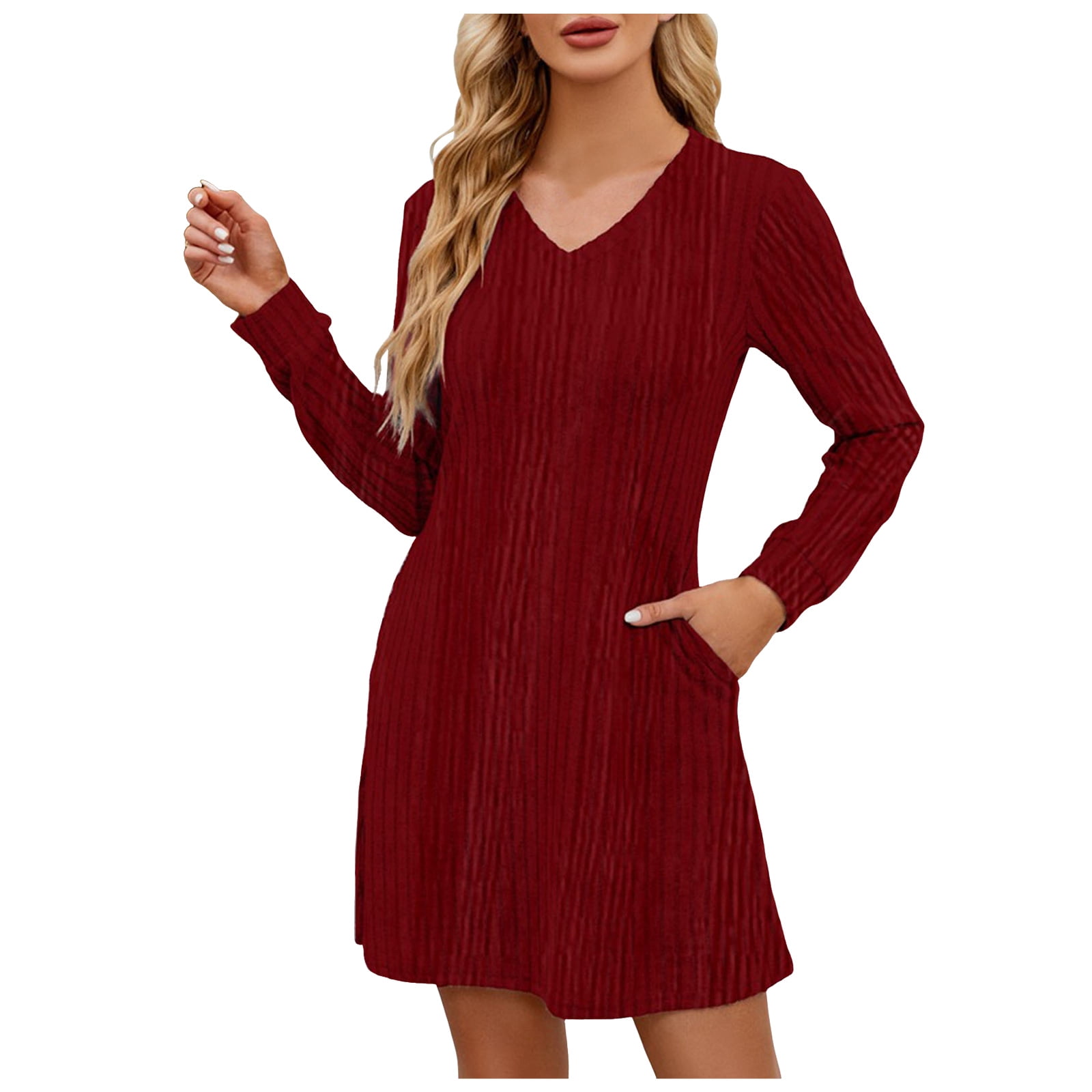 COMVALUE Womens Knit Long Sleeve Fall Dresses Casual V Neck Tunic ...