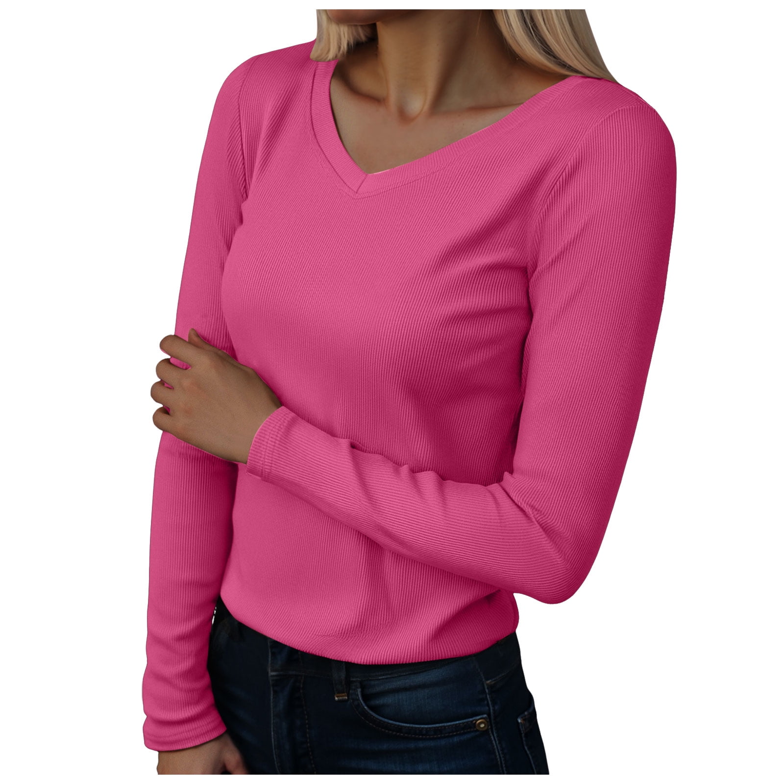 COMVALUE Womens Long Sleeve V Neck Ribbed Knit Fitted Casual Tops Tee ...