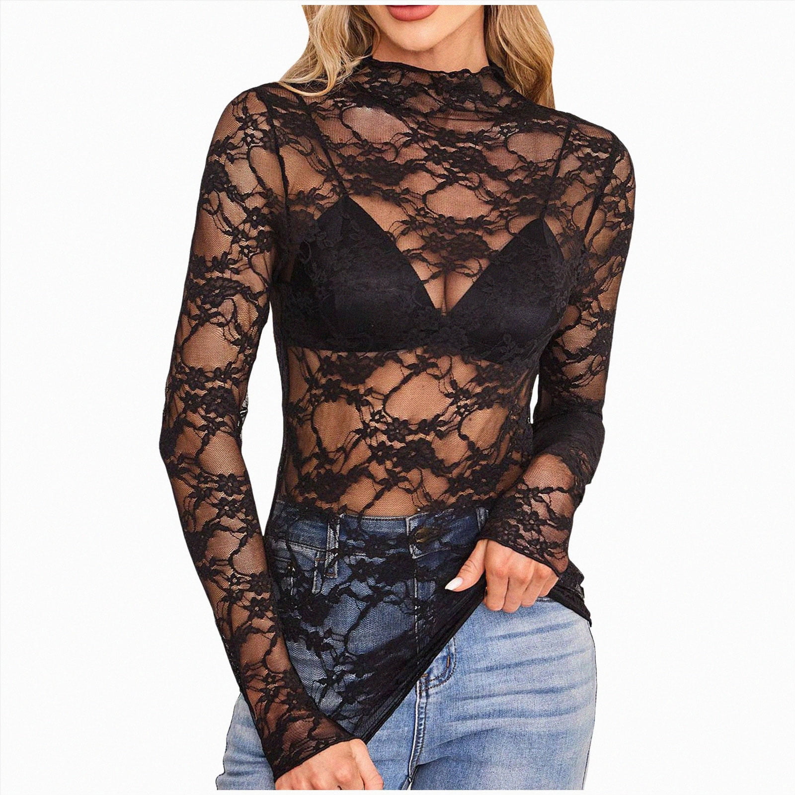 COMVALUE Womens Mesh Tops Lace Long Sleeve Shirts Crewneck Slim Fitted ...