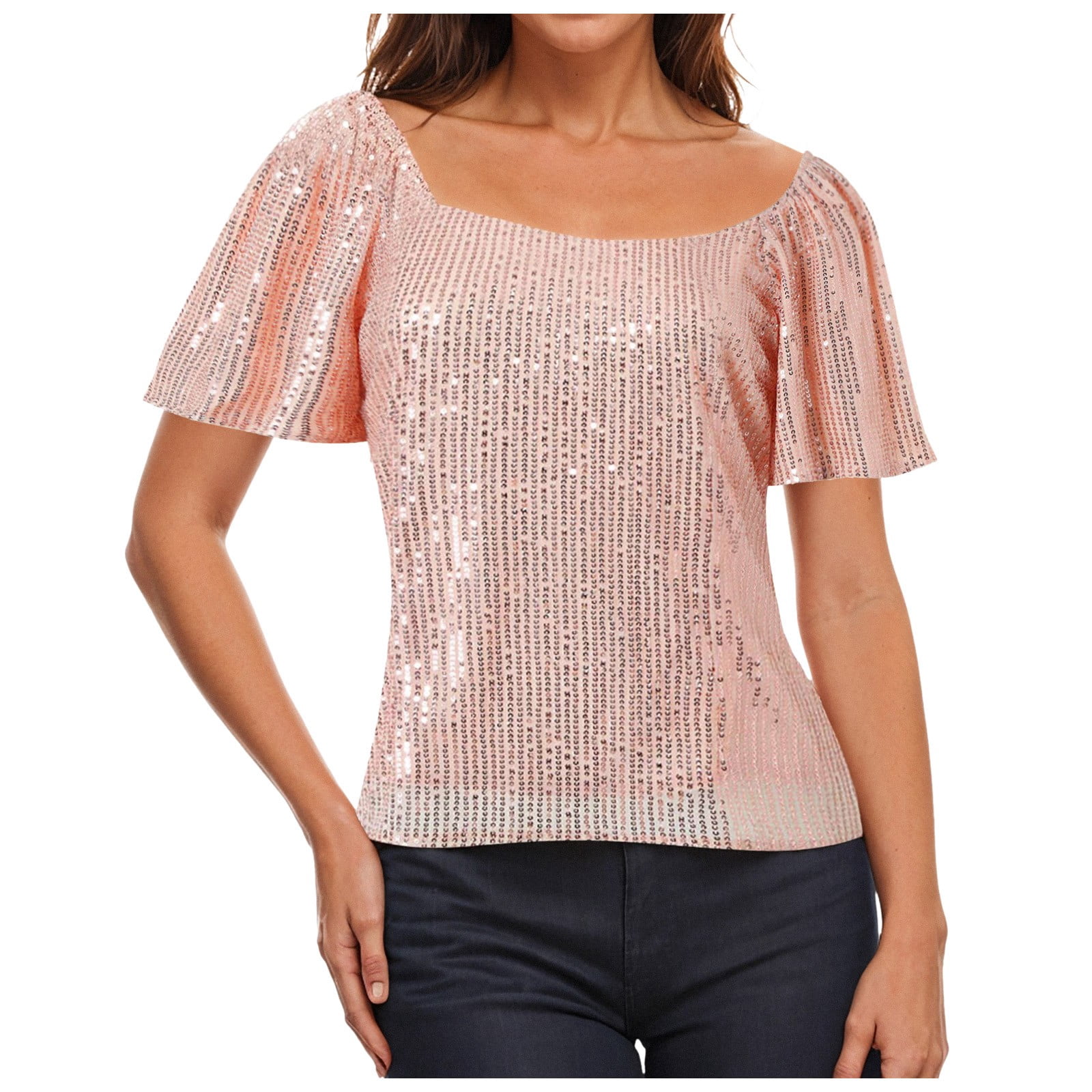 COMVALUE Womens Sequin T-Shirt Short Sleeve Square Collar Sparkly Crop ...