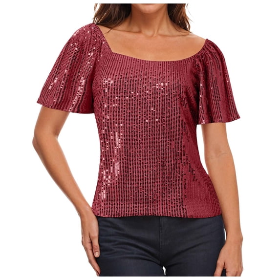 COMVALUE Womens Sequin T-Shirt Short Sleeve Square Collar Sparkly Crop ...