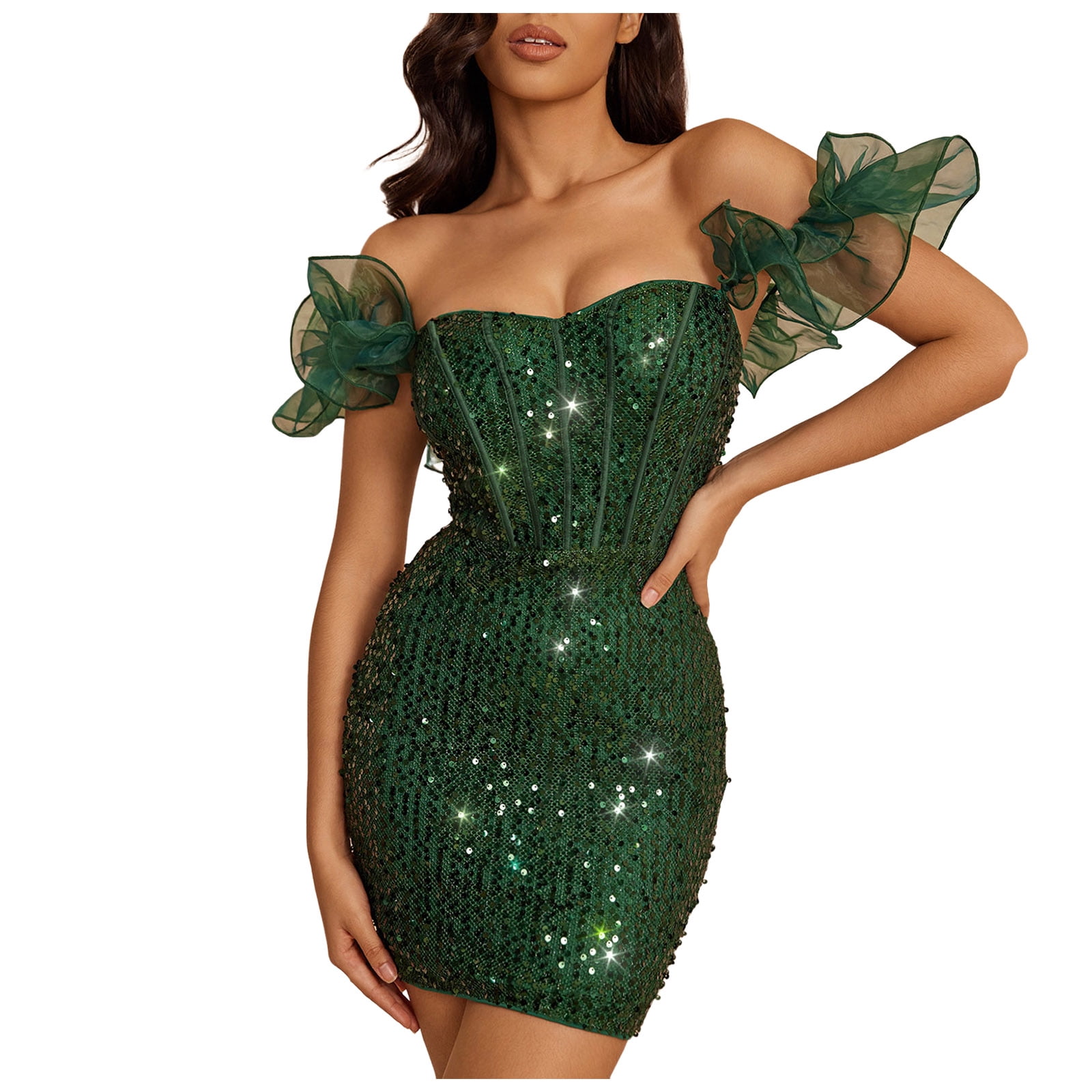 COMVALUE Womens Sparkly Sequin Mini Short Dress Shiny Glitter Off ...