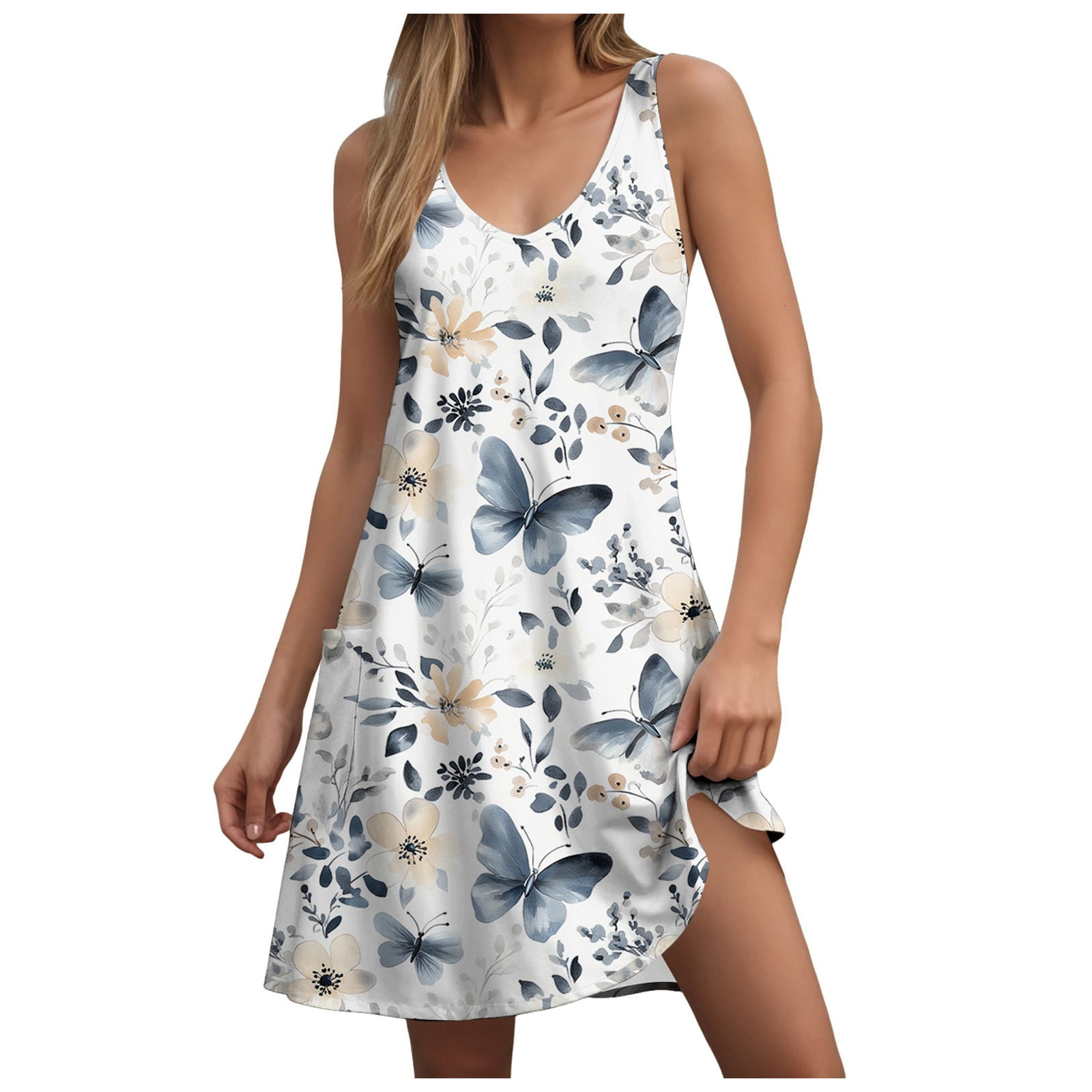 COMVALUE Womens Summer Dresses Loose V Neck Sleeveless Sundresses ...