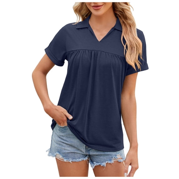 COMVALUE Womens Summer Tops Collared Polo Shirts V Neck Flowy Pleated ...