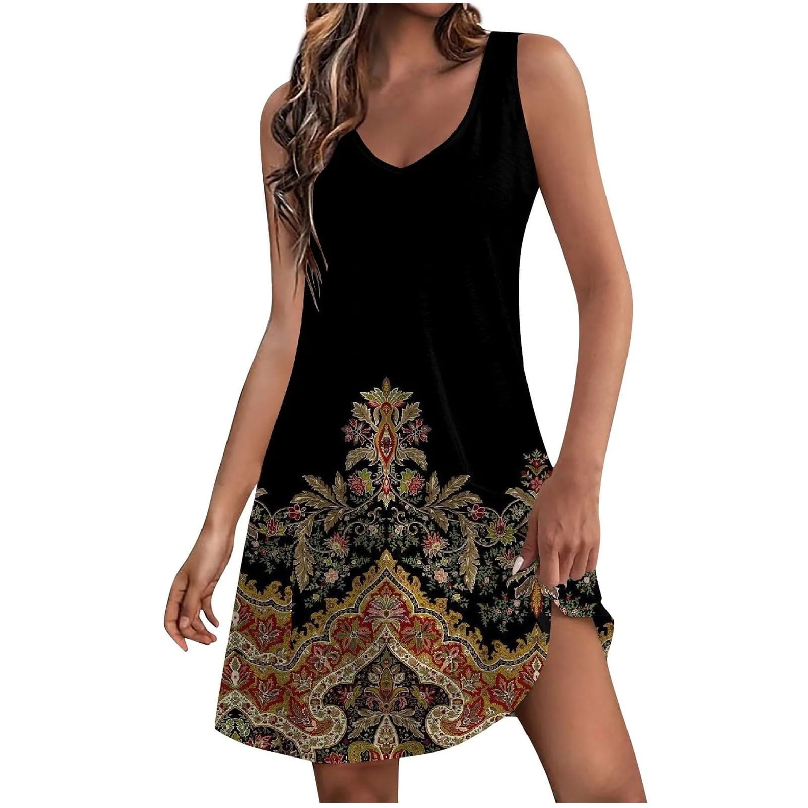 COMVALUE Womens Sundresses Mini Summer Dress Sleeveless Floral Dresses ...