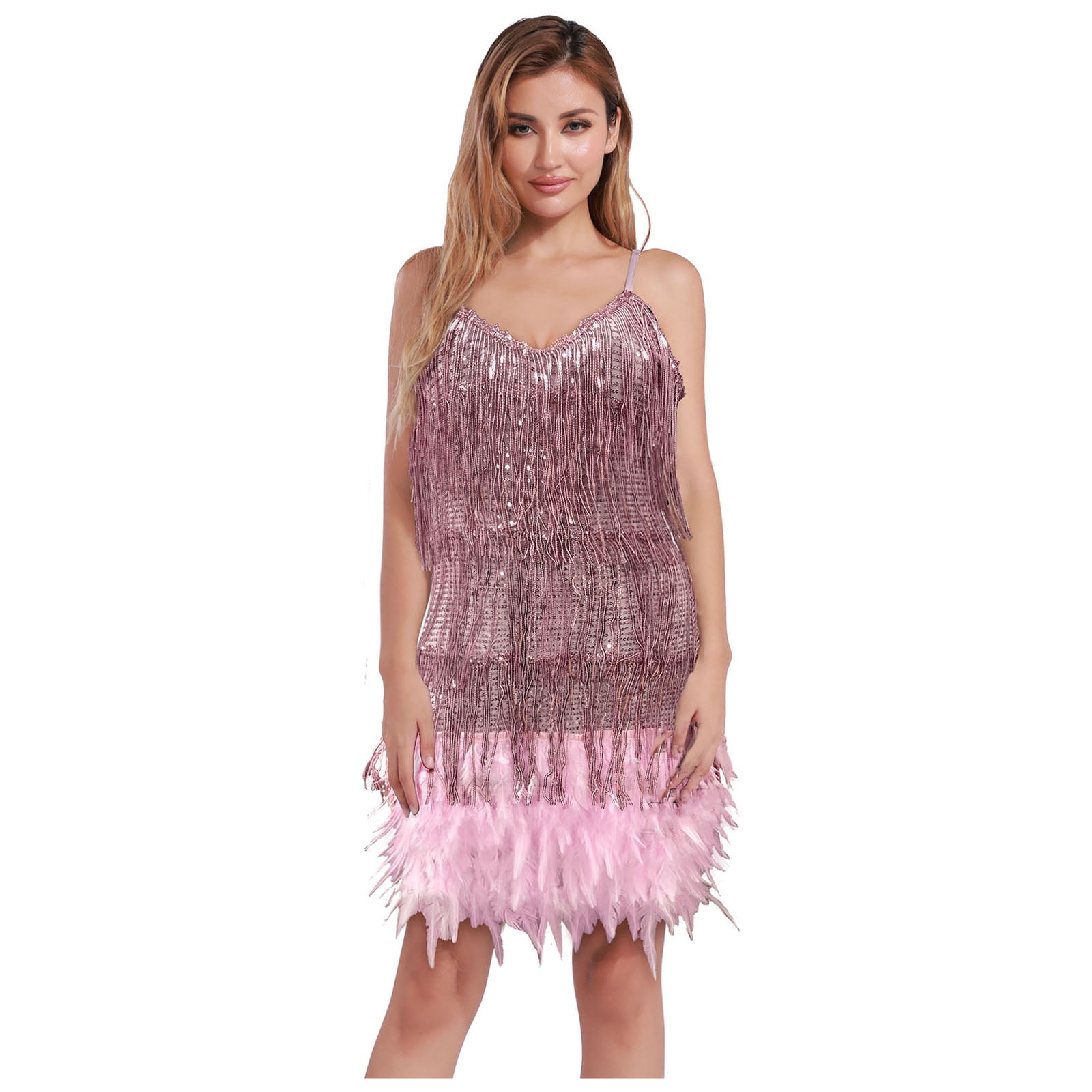COMVALUE Womens Tassel Feather Sequin Mini Dress Sexy V Neck Spaghetti ...