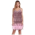 COMVALUE Womens Tassel Feather Sequin Mini Dress Sexy V Neck Spaghetti ...