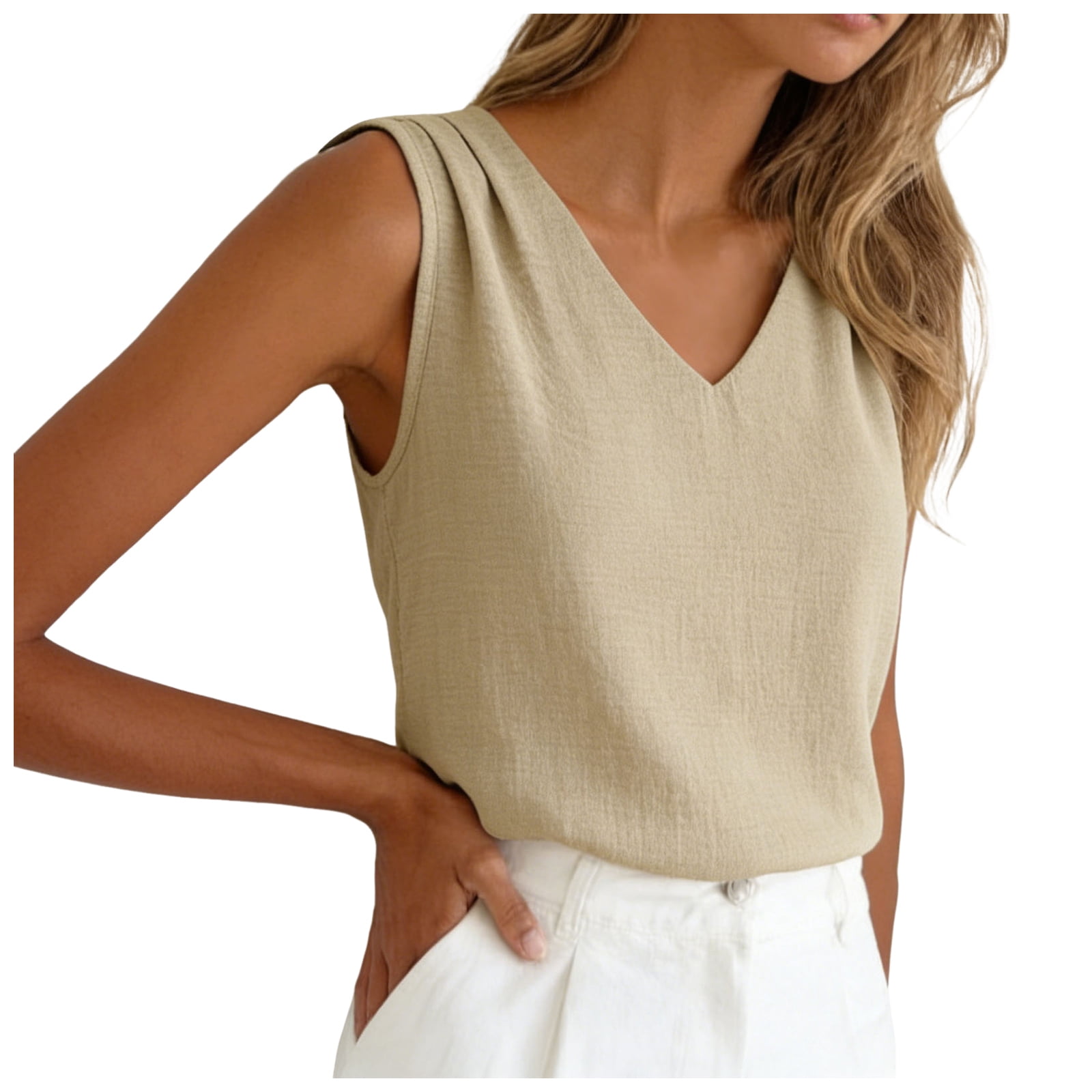 COMVALUE Womens V Neck Cropped Linen Tank Tops Spring Summer Sleeveless ...
