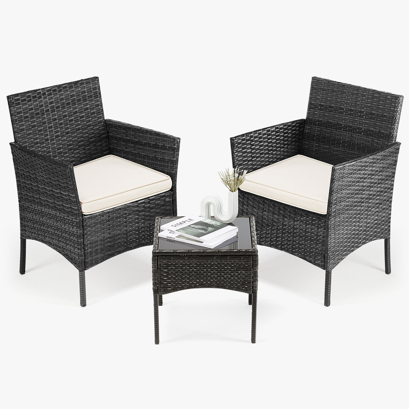 CONCETTA 3-Piece Black Wicker Patio Set with Cushions and Glass Table ...