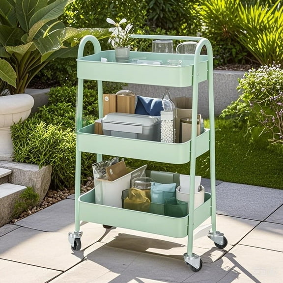 3 Tier Green Metal Rolling Cart with Lockable Wheels and Handle, 3 ...