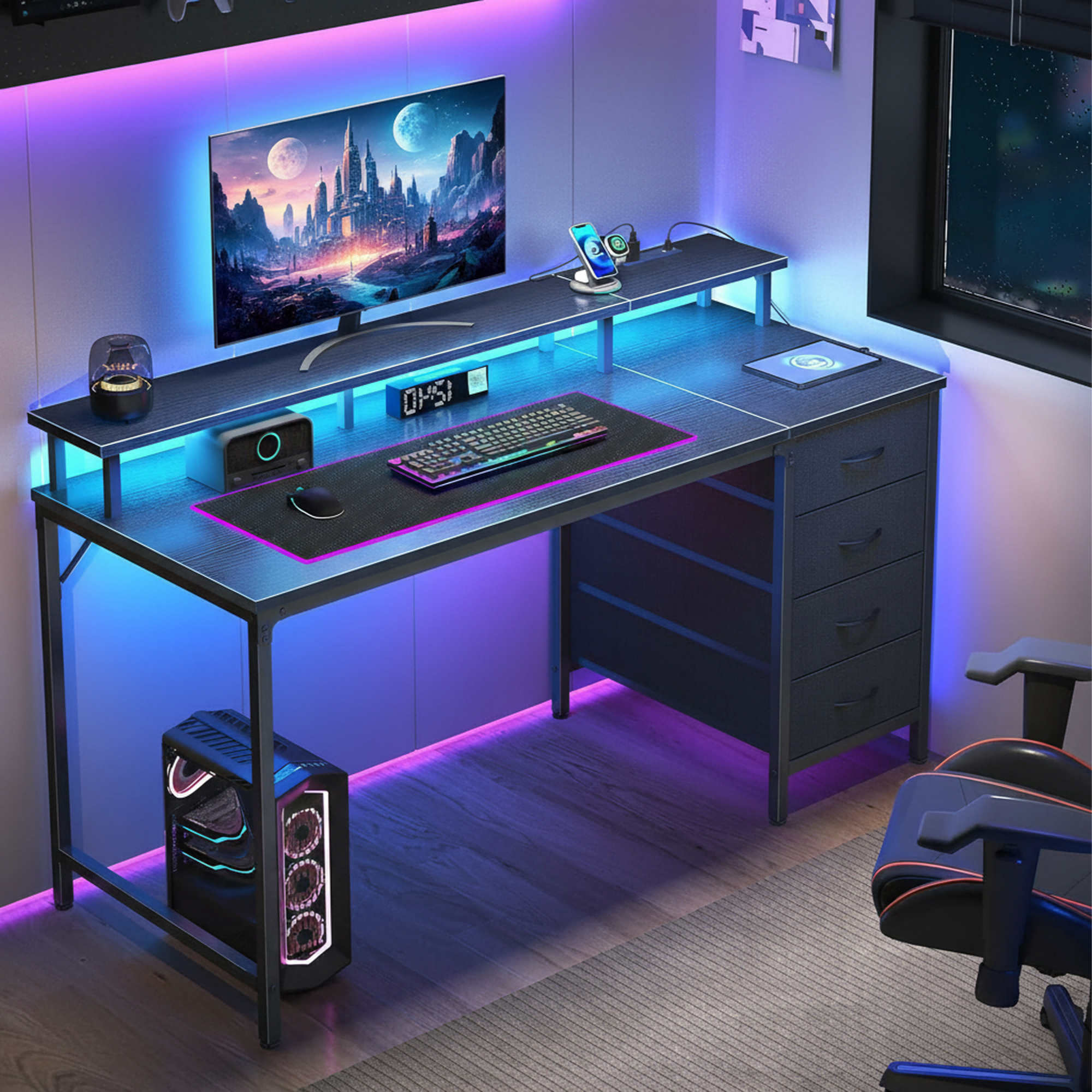 CONCETTA 47 Inch Computer Gaming Desk with 4 Drawers, Power Outlets and ...