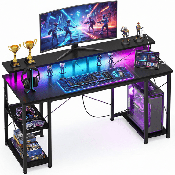 CONCETTA 48" Computer Gaming Desk with LED Light, Power Outlet, Monitor ...