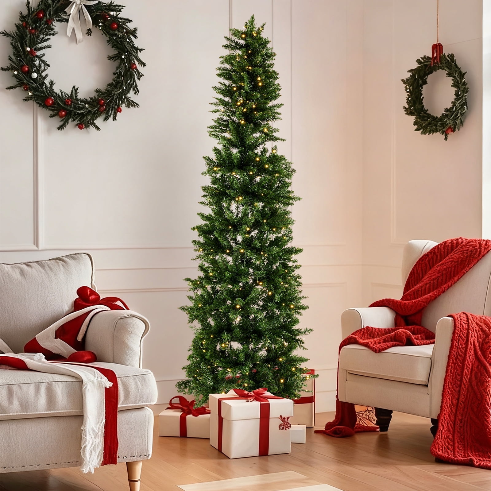 CONCETTA 7.5ft Pre-lit Pencil Christmas Tree, Green Artificial Spruce ...