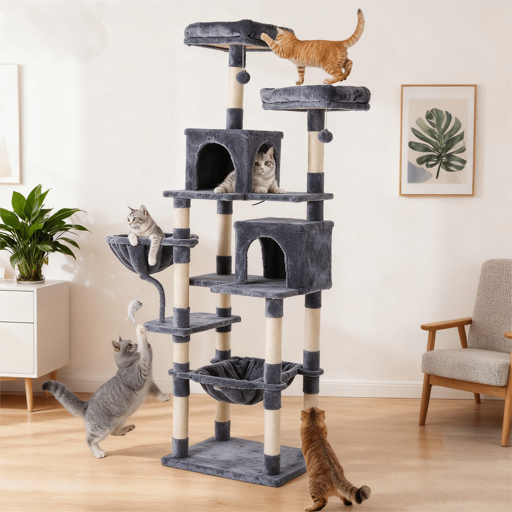 CONCETTA 71 Inch Large Cat Tree Tower for Indoor Cats, Multi-Level Cat Climbing Tower with Condo ...