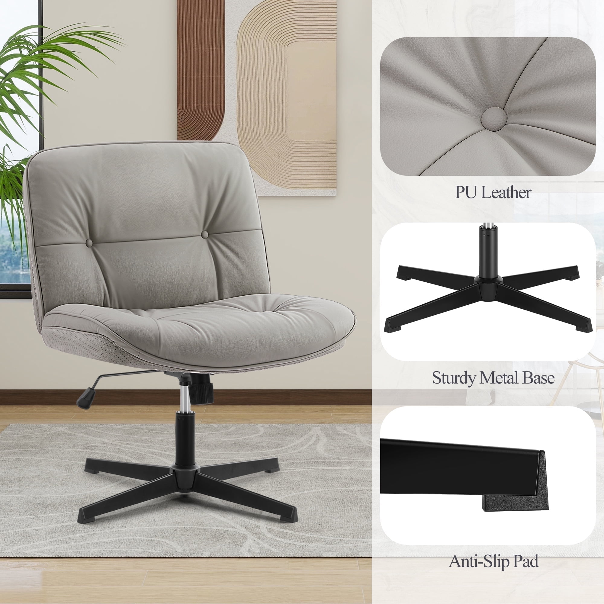 CONCETTA Armless Office Chair - Wide PU Leather Seat and Rocking Mid ...