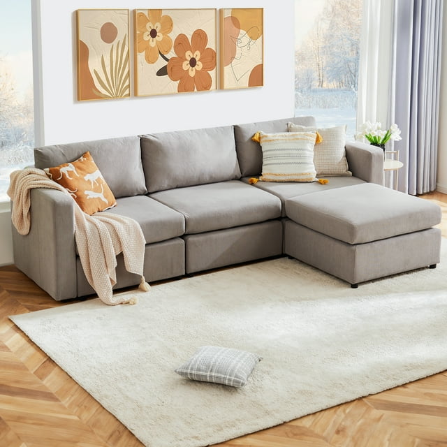 CONCETTA Modular Sectional Sofa Bed, Comfy 4-Seat L-Shaped Couch for Apartment Living, Grey ...