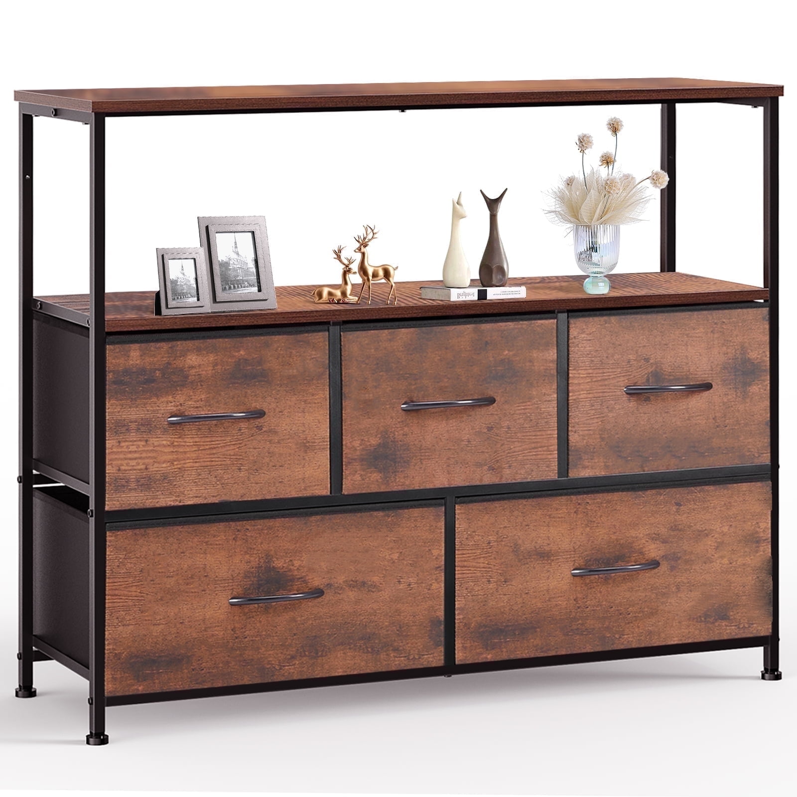 CONCETTA TV Stand Storage Organizer, Rustic Brown Dresser with 5 Fabric ...