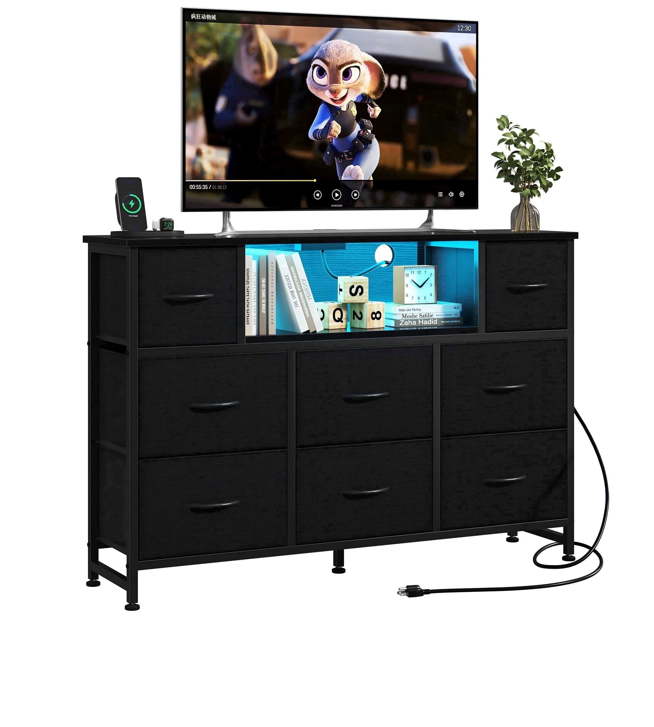CONCETTA 55 inch TV Stand Dresser, 8 Fabric Drawers Storage Organizer ...