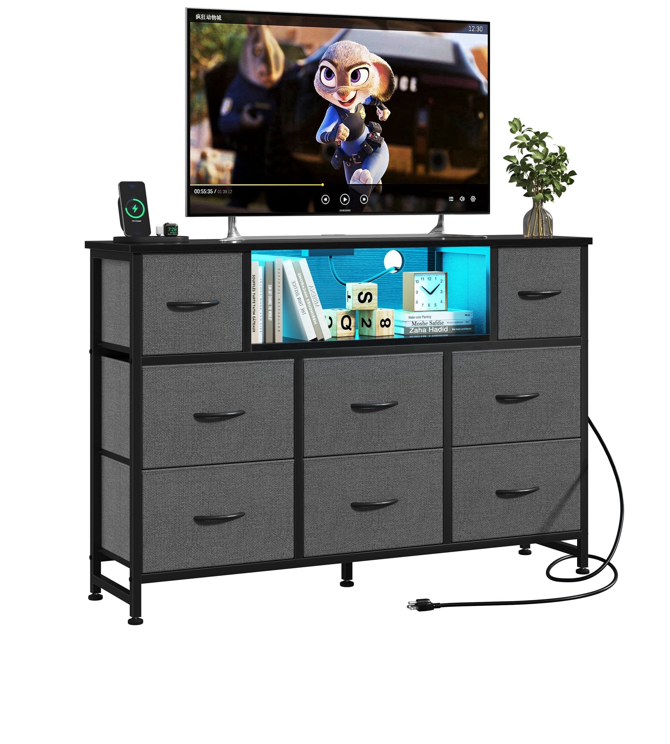 CONCETTA 55 inch TV Stand Dresser, 8 Fabric Drawers Storage Organizer ...