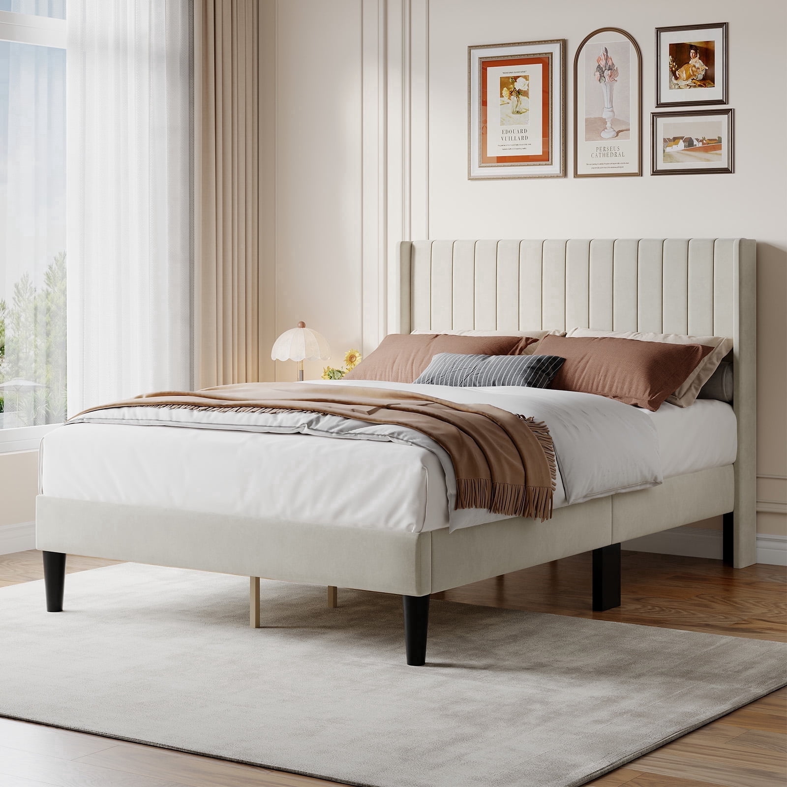 CONCETTA Full Size Bed Frame with Wingback Fabric Upholstered Headboard ...