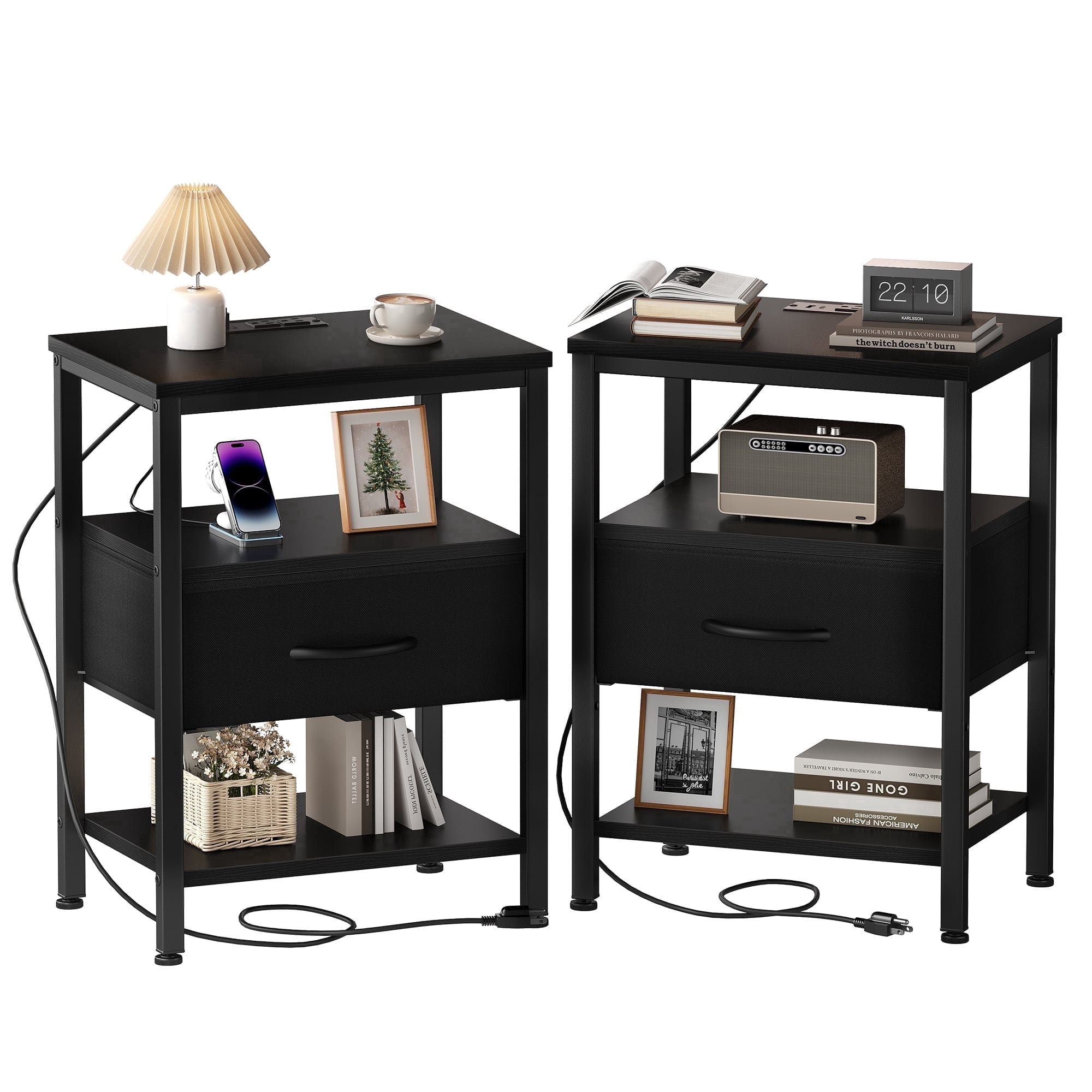 CONCETTA Set of 2 Small Night Stand with Charging Station, 1 Fabric ...
