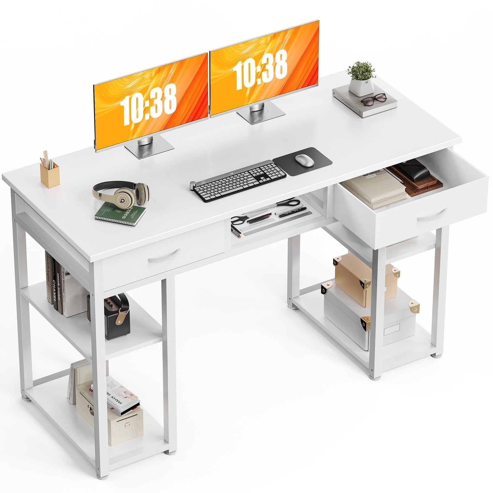 CONCETTA 48 Inch Small Desk with Fabric Drawers & Storage Shelves ...