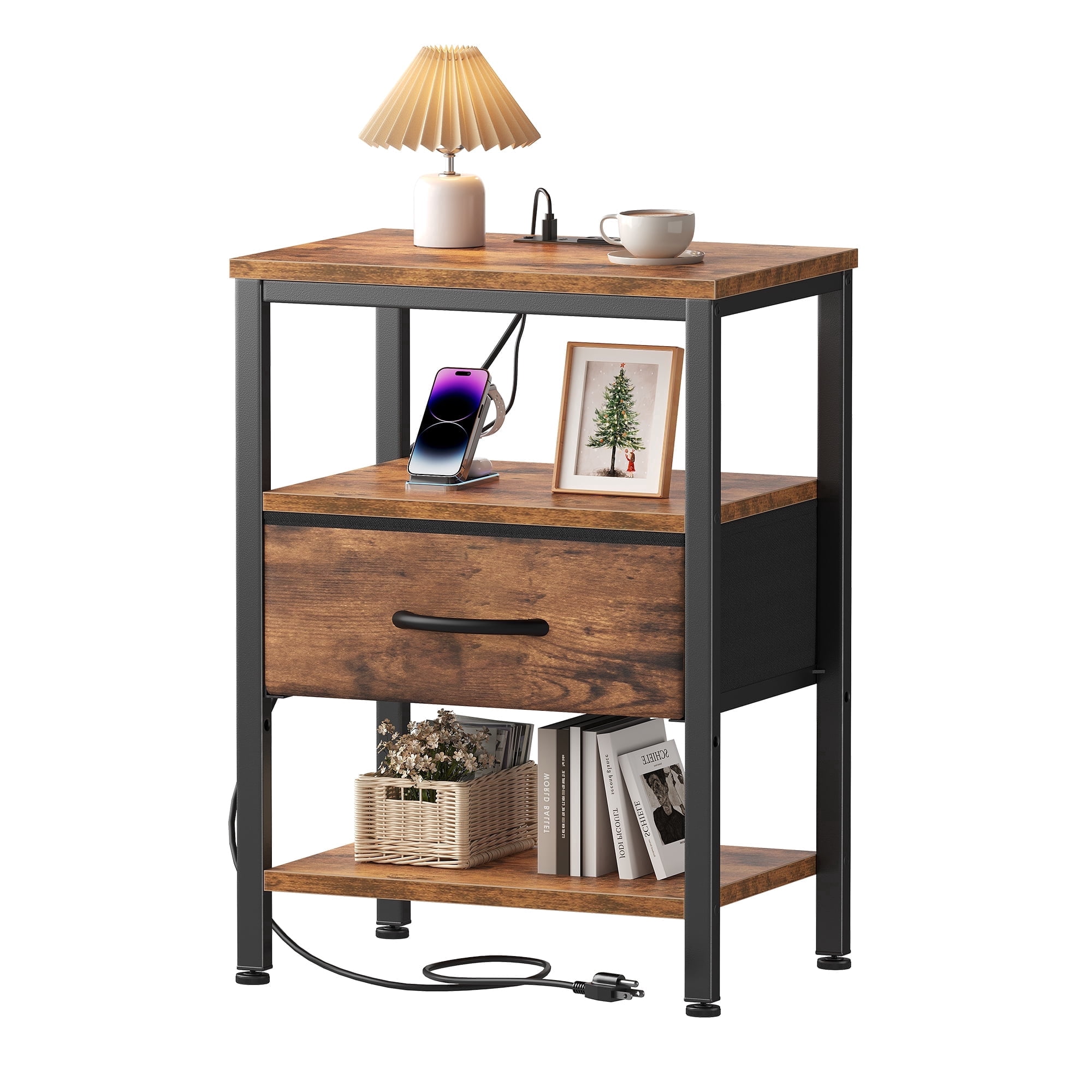 CONCETTA Small Night Stand with Charging Station, 1 Fabric Drawer, USB ...