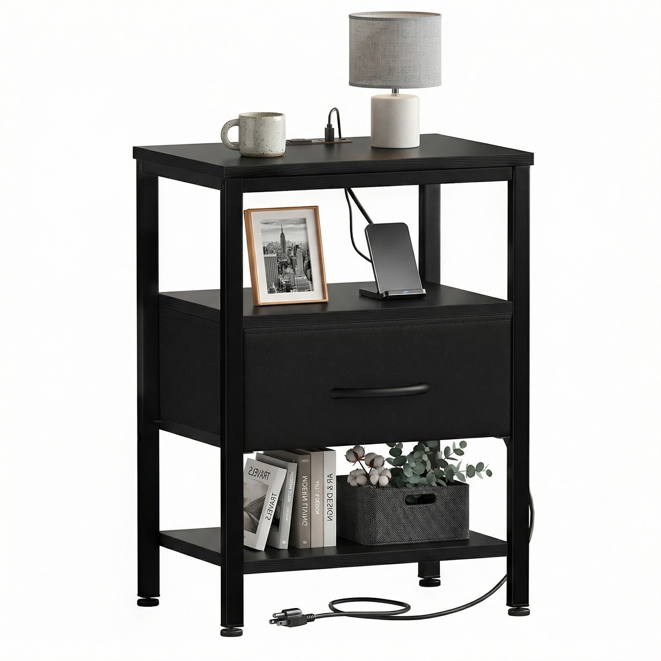 CONCETTA Small Night Stand with Charging Station, 1 Fabric Drawer, USB ...