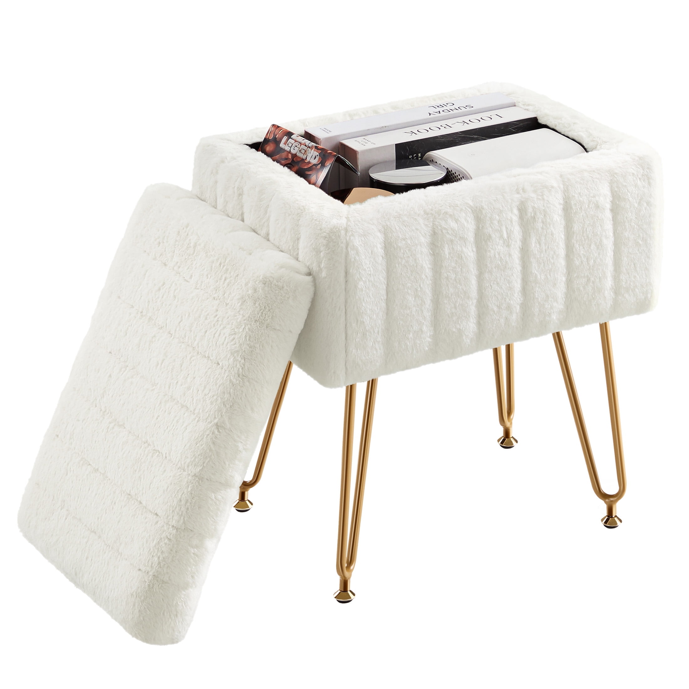 CONCETTA Vanity Stool Chair Faux Fur with Storage, Ottoman 4 Metal Legs ...