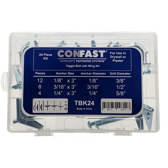 CONFAST Heavy Duty Hollow Wall Anchors for Drywall, 24 Pc Toggle Bolts and Wing Nut Kit Metal ...
