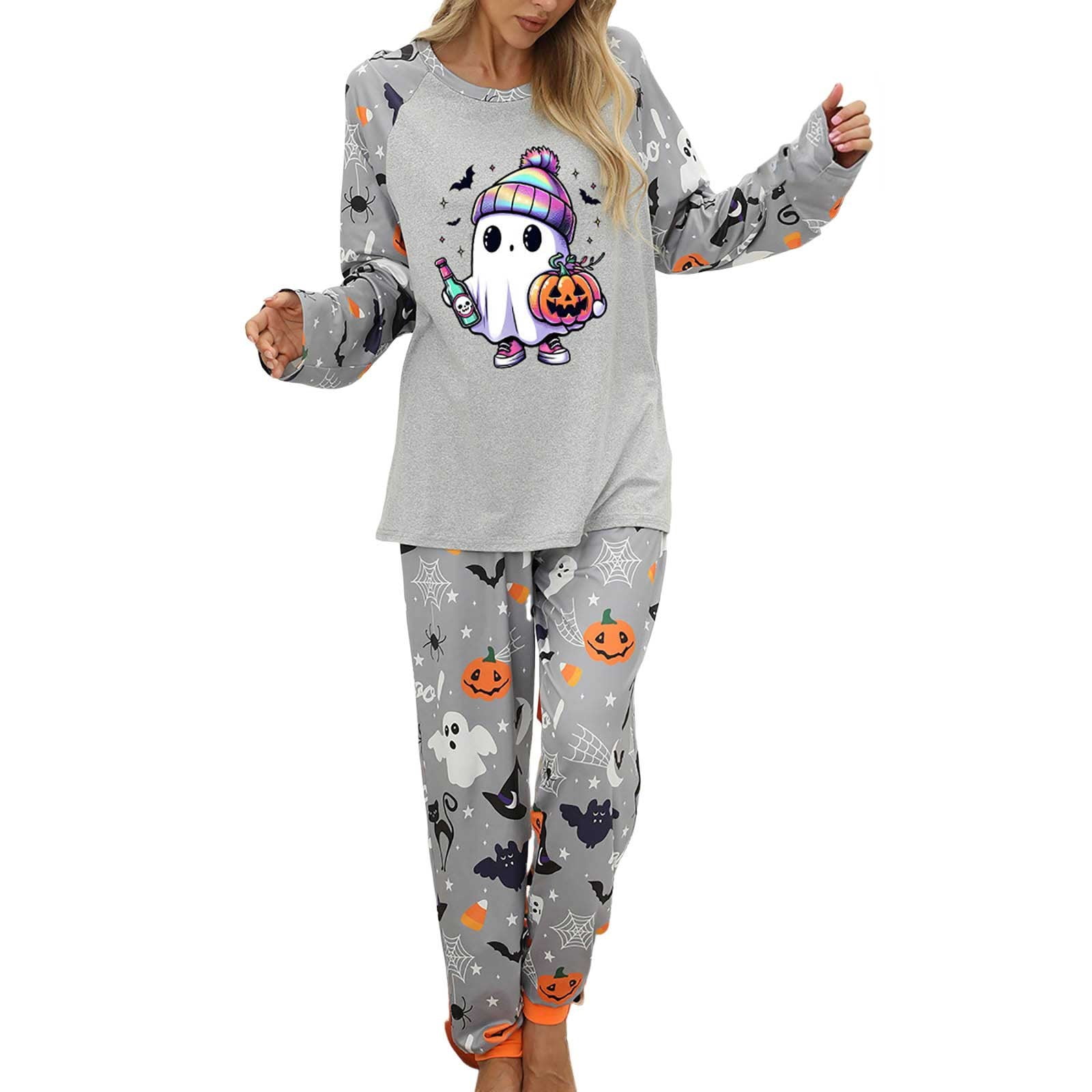 CONFREE Halloween Pajamas For Women Long Sleeve Cartoon Pumpkin Ghost ...