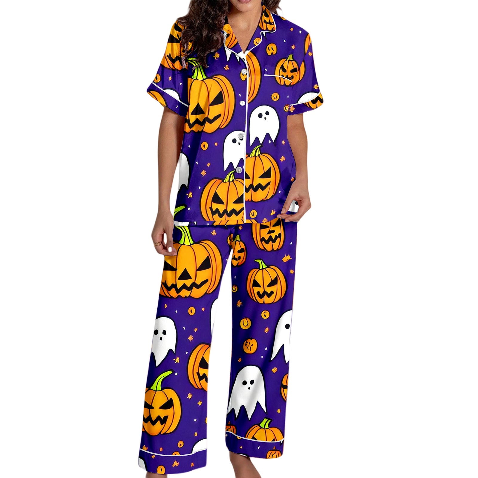 CONFREE Halloween Pajamas for Women Set Short Sleeve Pumpkin Ghost ...