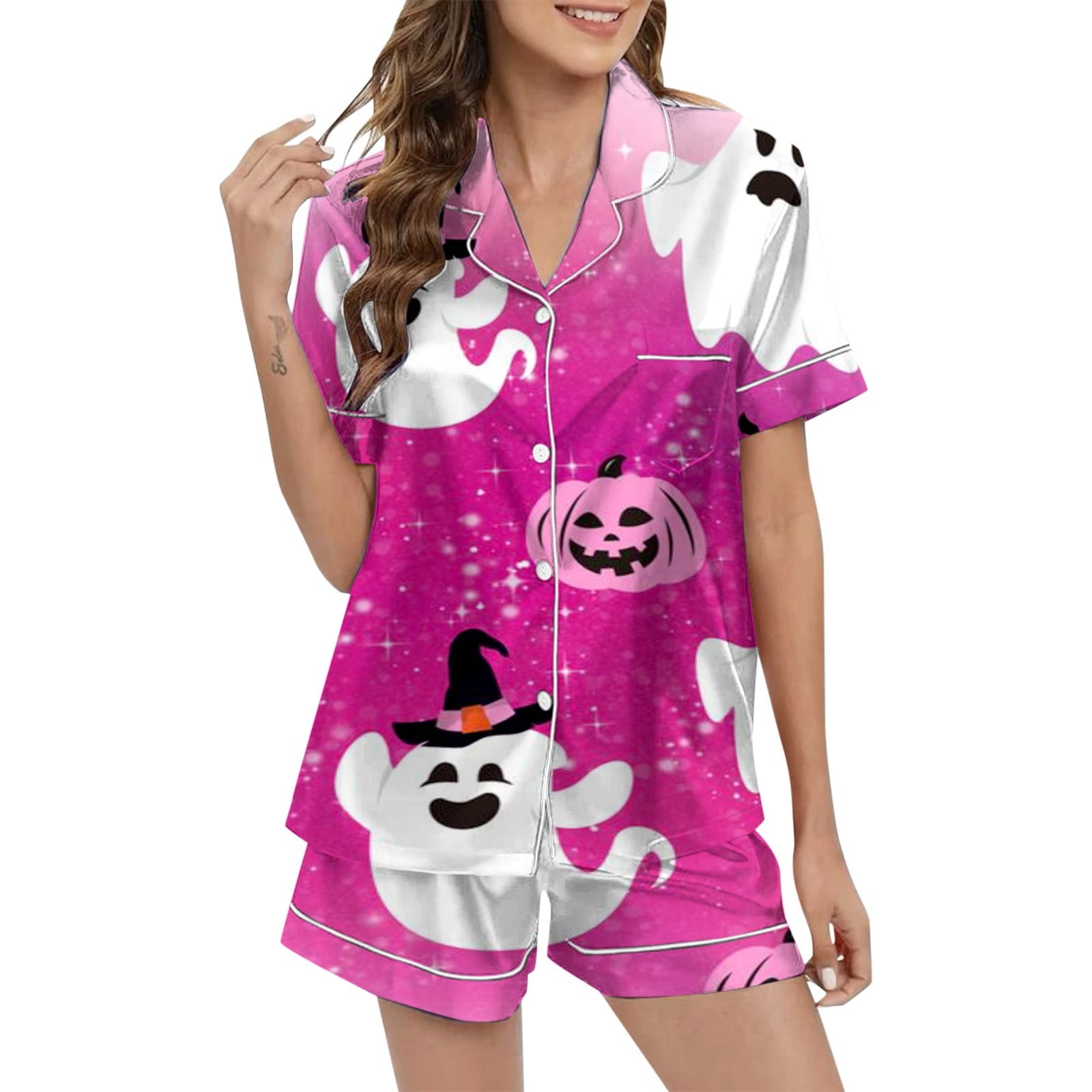 CONFREE Halloween Women Pajamas Sets Short Sleeve Satin Sleepwear Tops ...