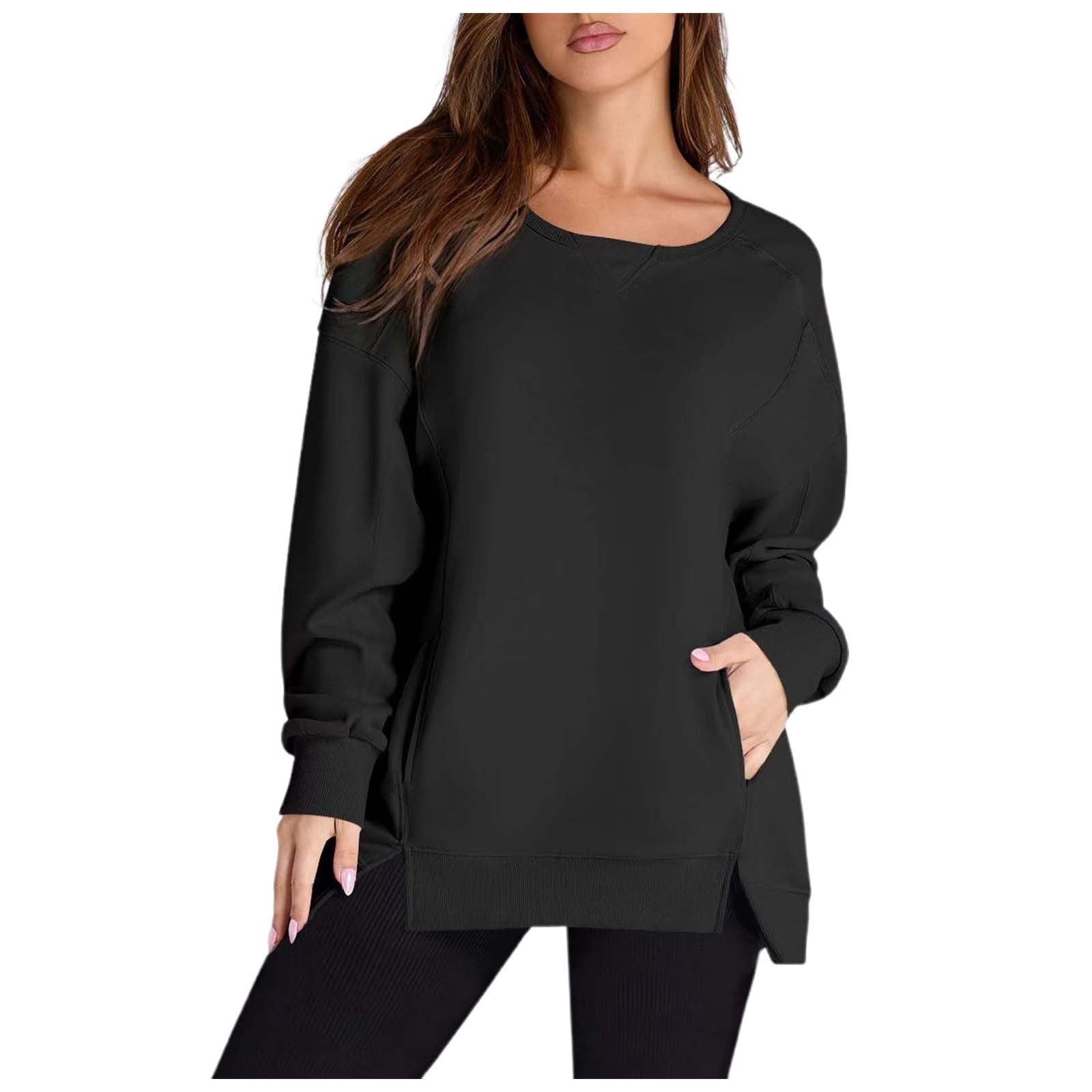 CONFREE Sweatshirts For Women Long Sleeve Ladys Sweatshirt Split Hem Solid Color Soft Spring ...