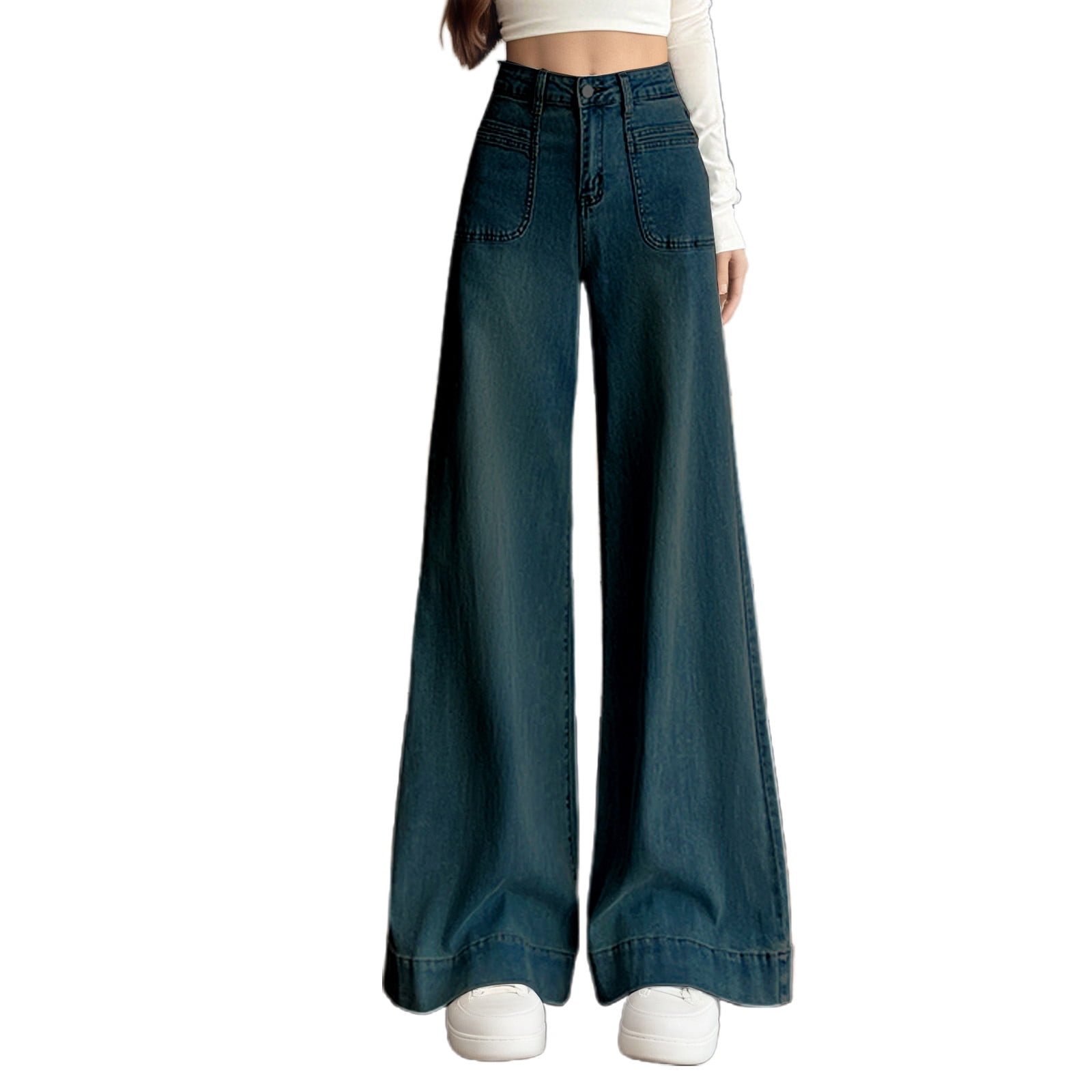 CONFREE Women's Casual Jeans Wide Leg Jeans for Women Buttons Solid ...