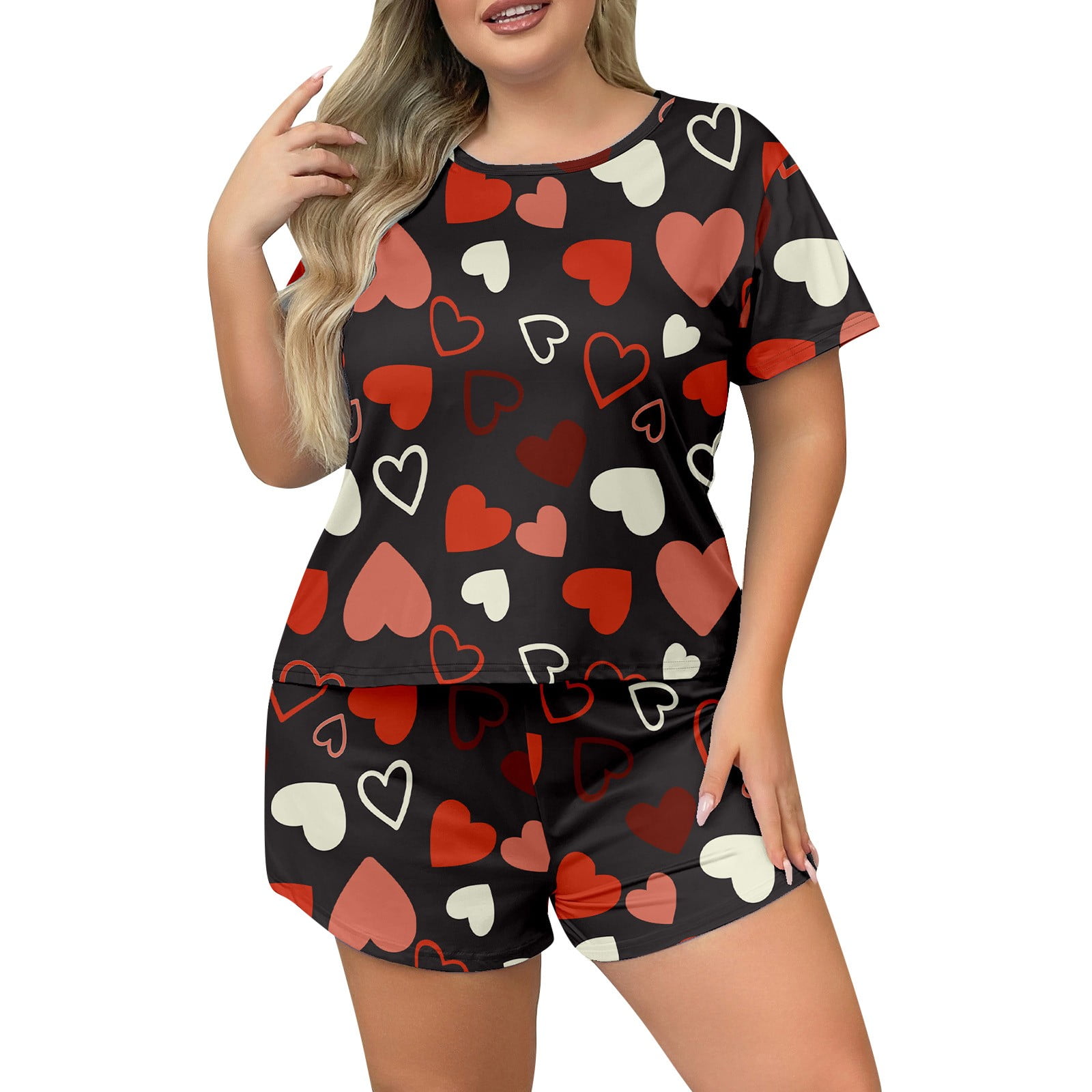 CONFREE Women's Pajama Sets Short Sleeve Love Heart Oversized Sleepwear ...