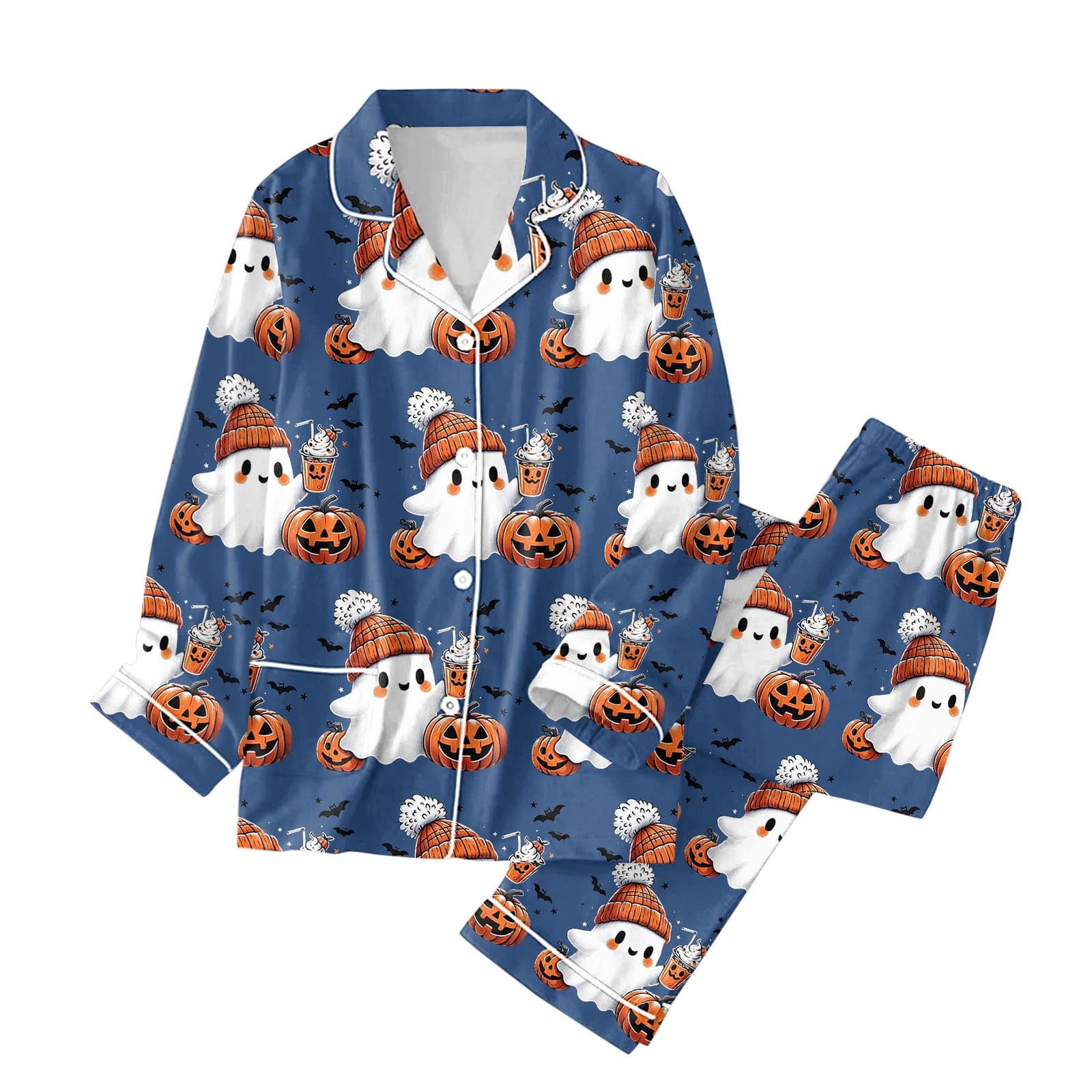 CONFREE Womens Halloween Pajamas Long Sleeve Cartoon Pumpkin Ghost ...