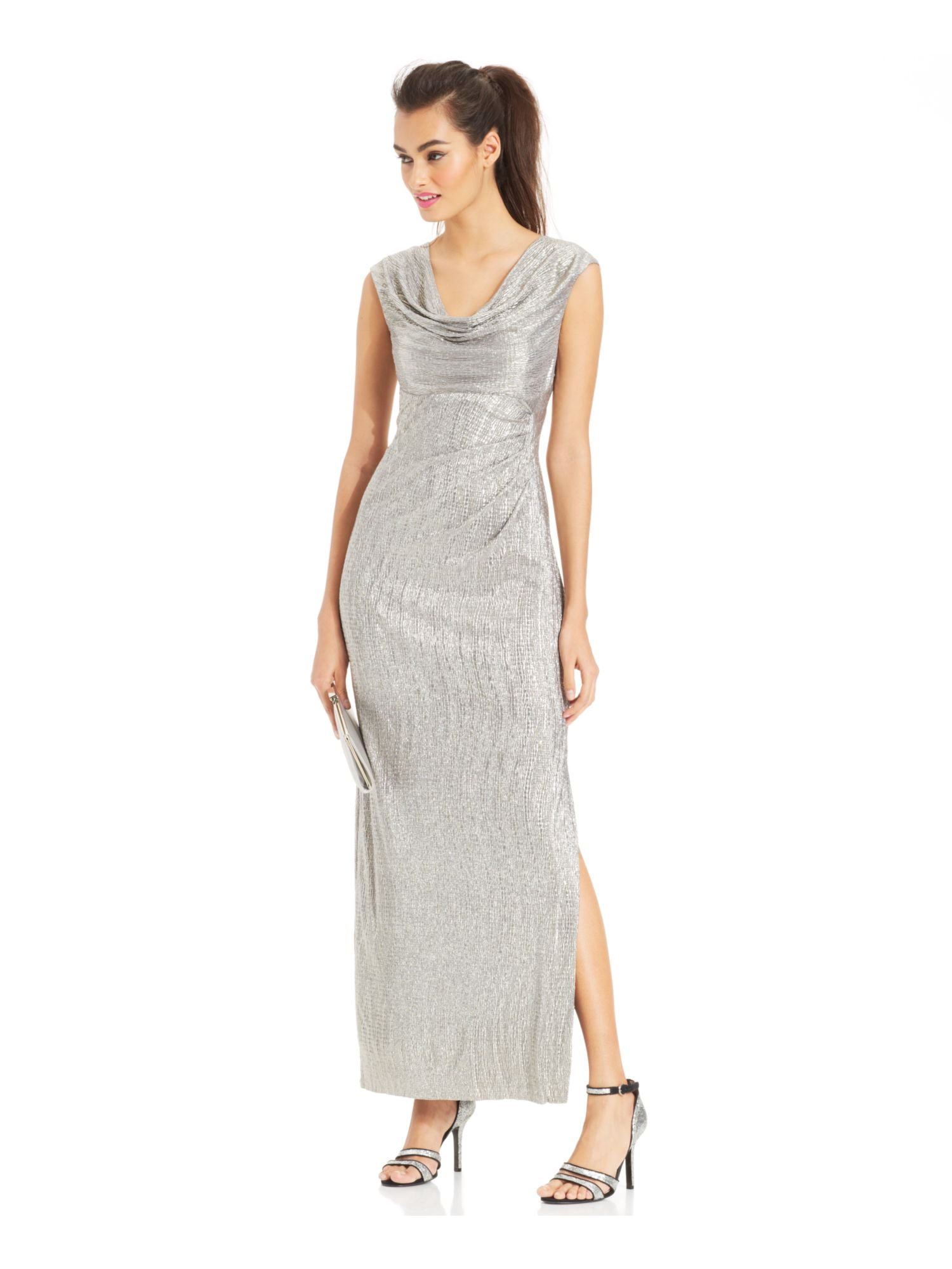 CONNECTED APPAREL Womens Beige Textured Slitted Metallic Gown ...