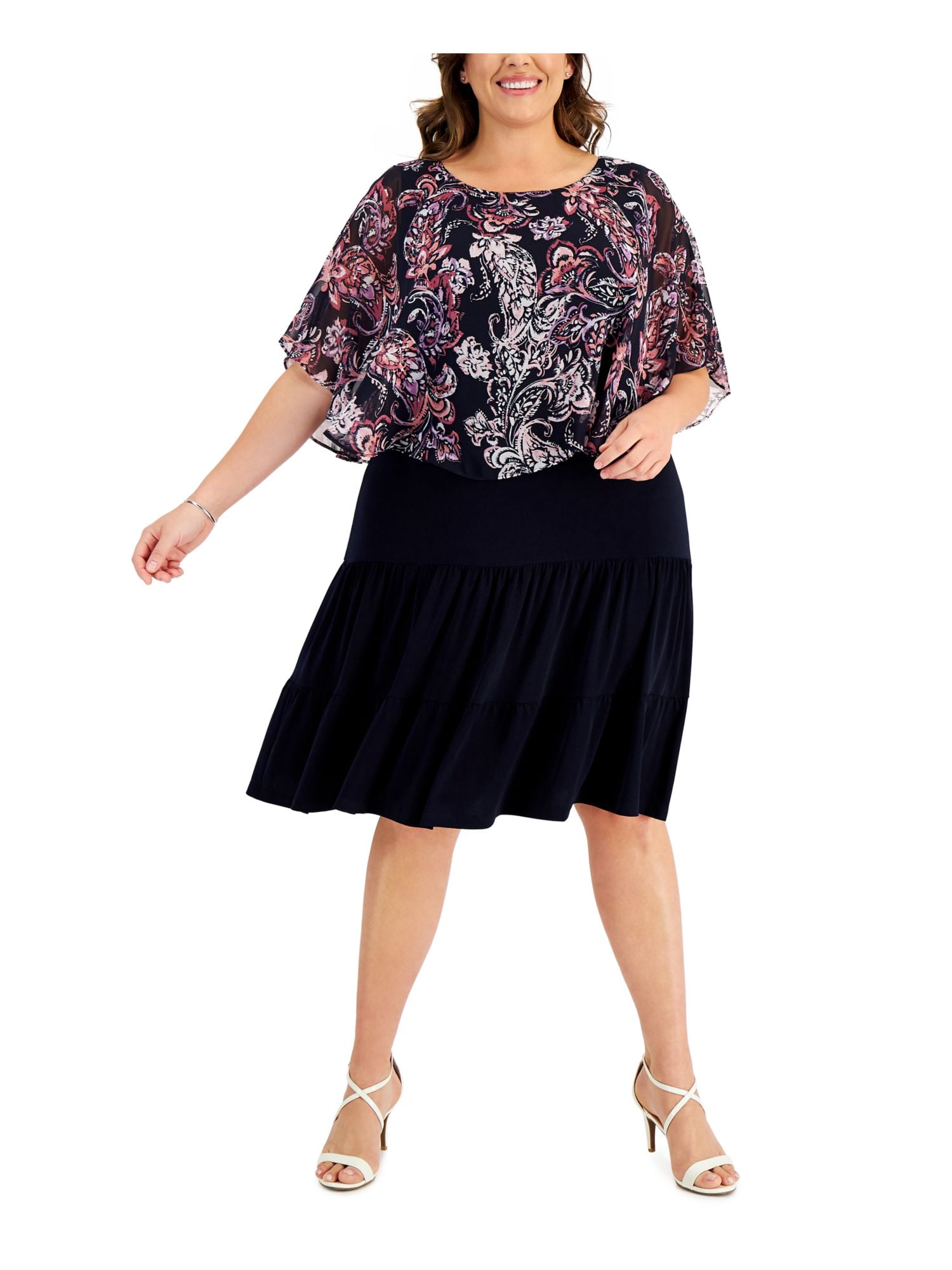 CONNECTED APPAREL Womens Navy Unlined Ruffled Pullover Tiered Elbow ...