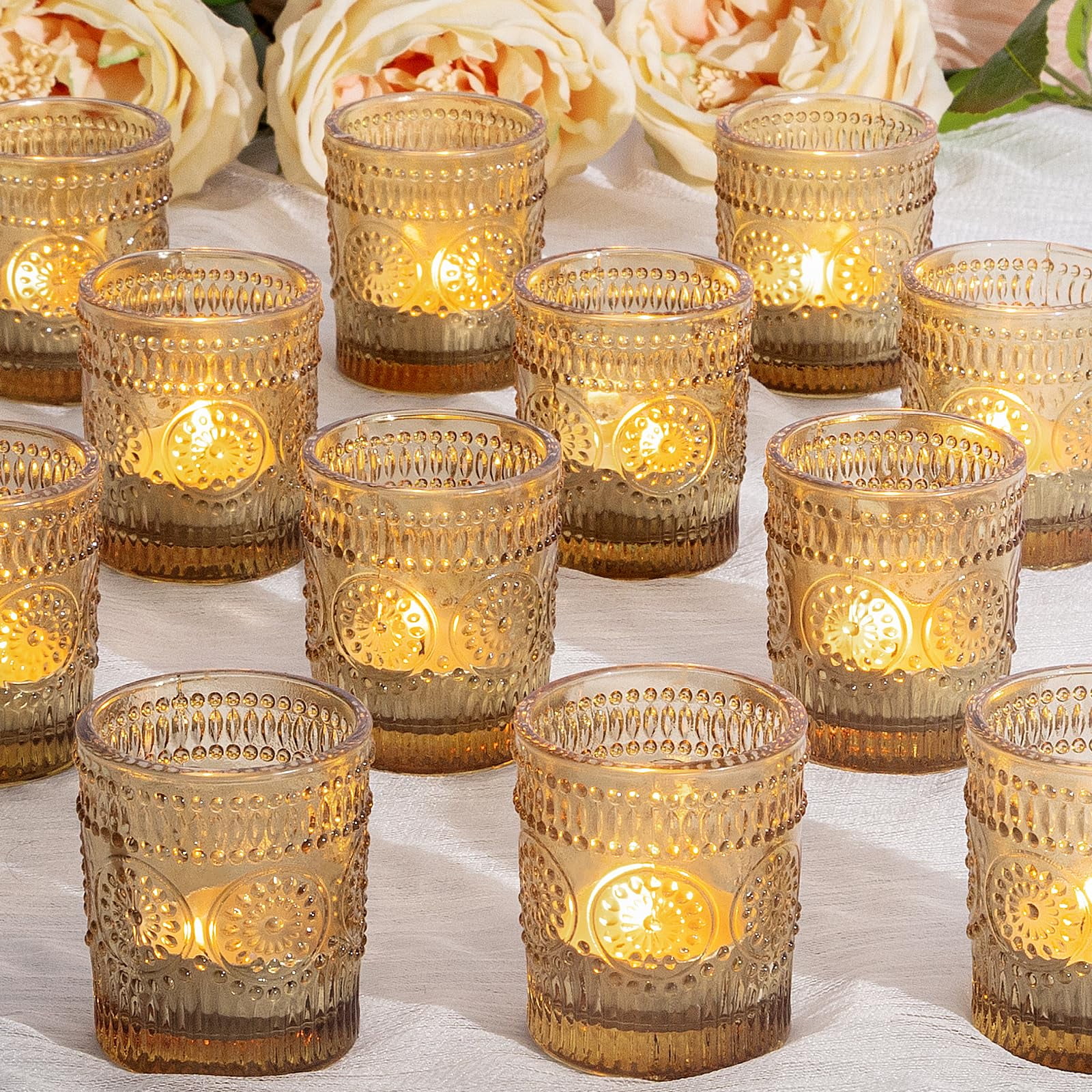 CONNOO 24 Pcs Votive Candle Holders, Amber Glass Candle Holders Bulk ...
