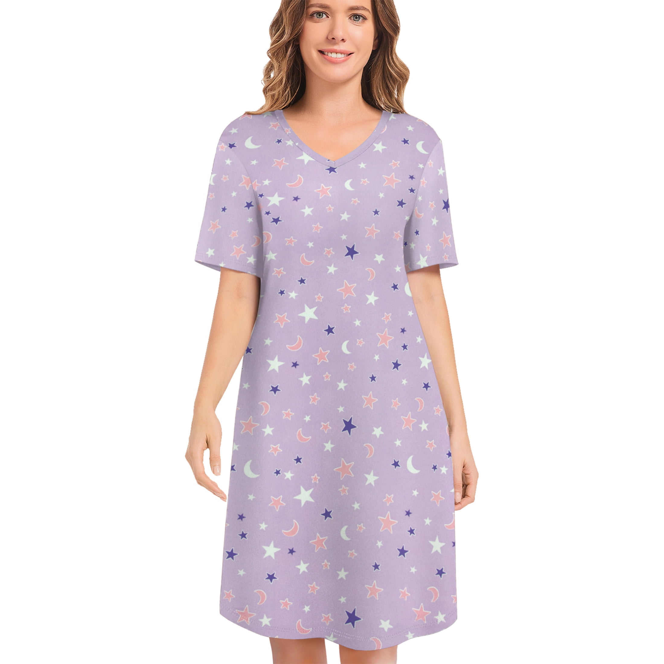 CONOMAX 1 Pack Women's Nightgown Short Sleeve Sleepshirts V Neck Print ...