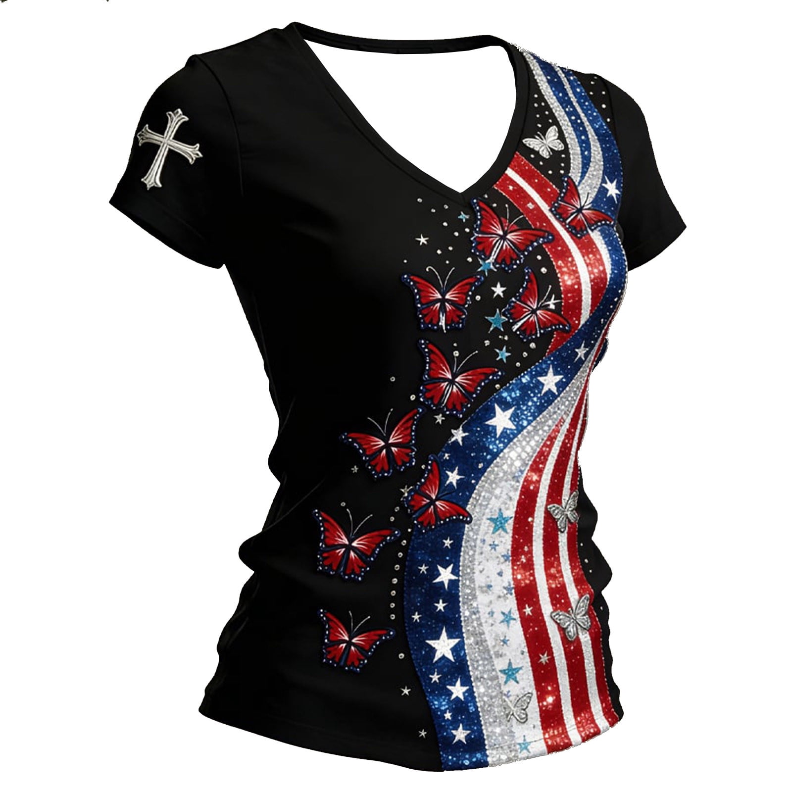 CONROSES 4Th Of July Womens Short Sleeve T-Shirts V Neck Patriotic Usa ...