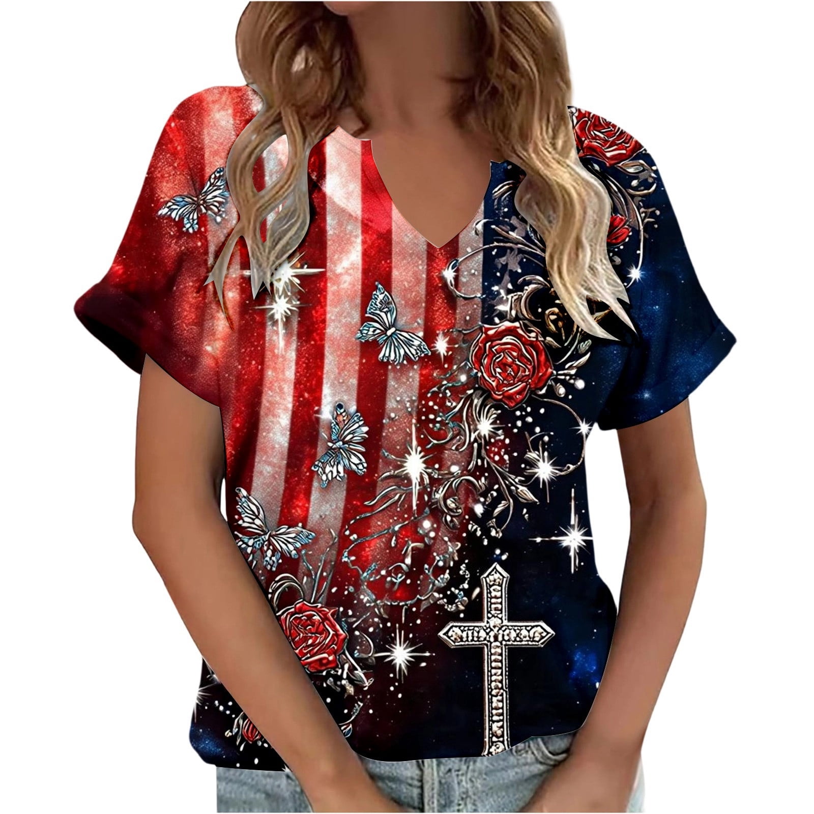 CONROSES 4Th Of July Womens Short Sleeve T-Shirts V Neck Patriotic Usa ...