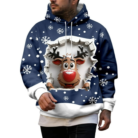CONROSES Christmas Mens Fleece Hoodies Xmas Deer Graphic Hoodie for Men Long Sleeve Warm ...