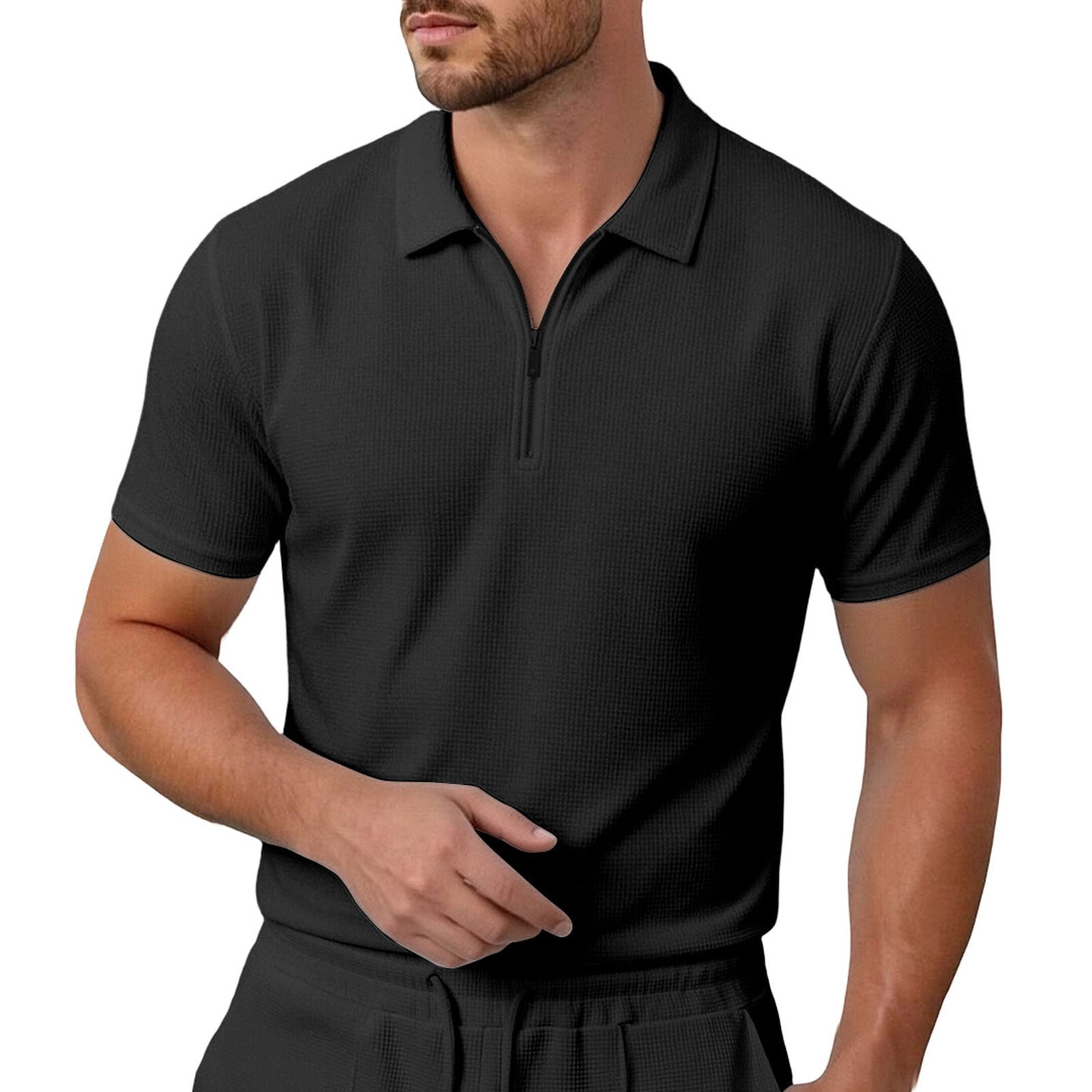 CONROSES Men's Short Sleeve Zip Polo Shirts Solid Color Collared Polo ...