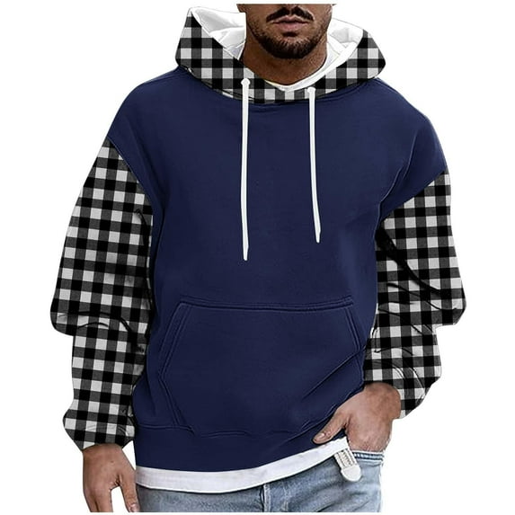 CONROSES Mens Hoodies Patchwork Plaid Hoodie for Men Long Sleeve Warm Pullover Hooded Sweatshirt ...